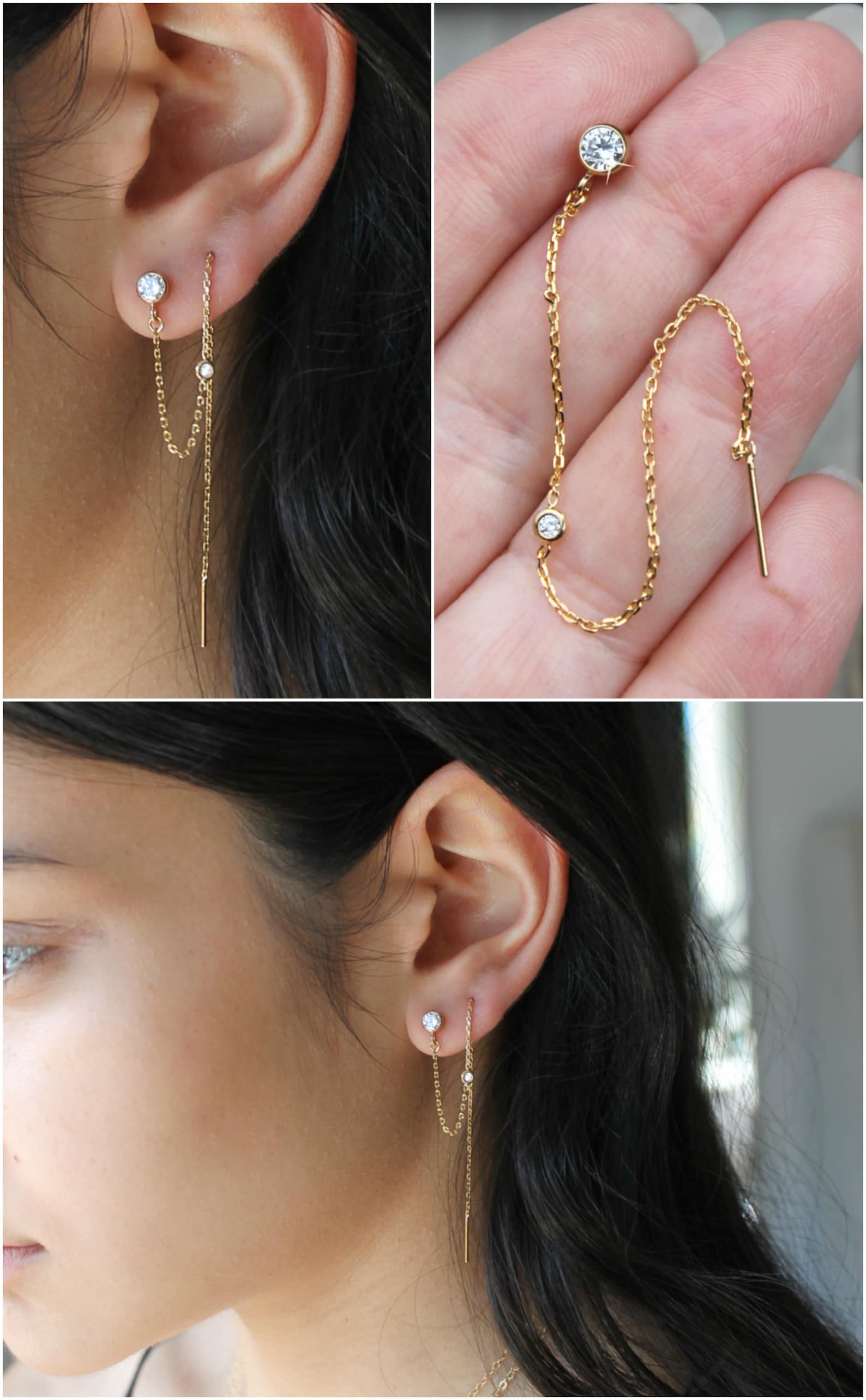 Cubic Zirconia Threader Earrings, 14k Gold Filled CZ Diamond Post Stud, Double Piercing ...