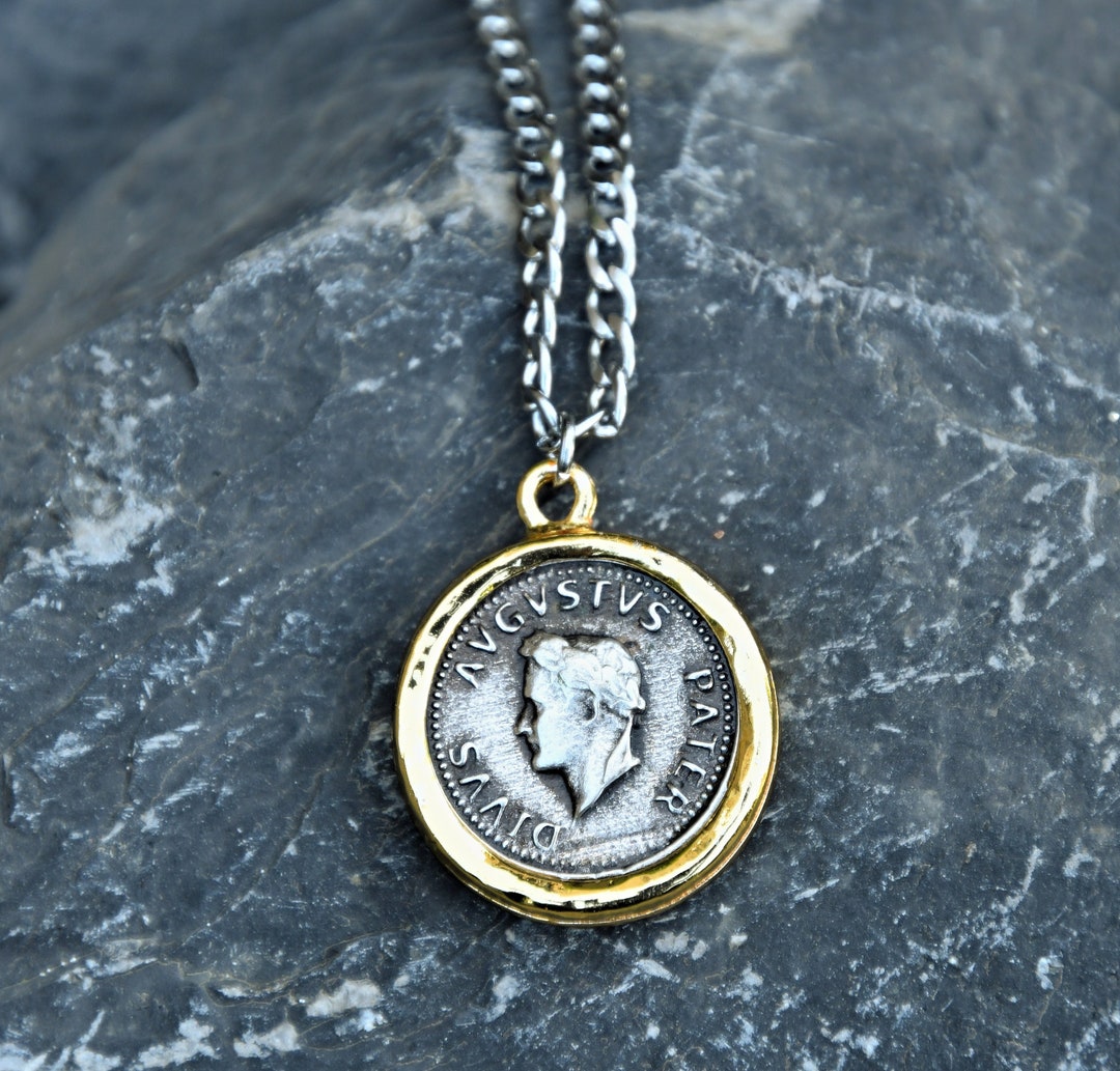 Men Coin Necklace, Gold & Silver Plated Roman Augustus Pendant ...