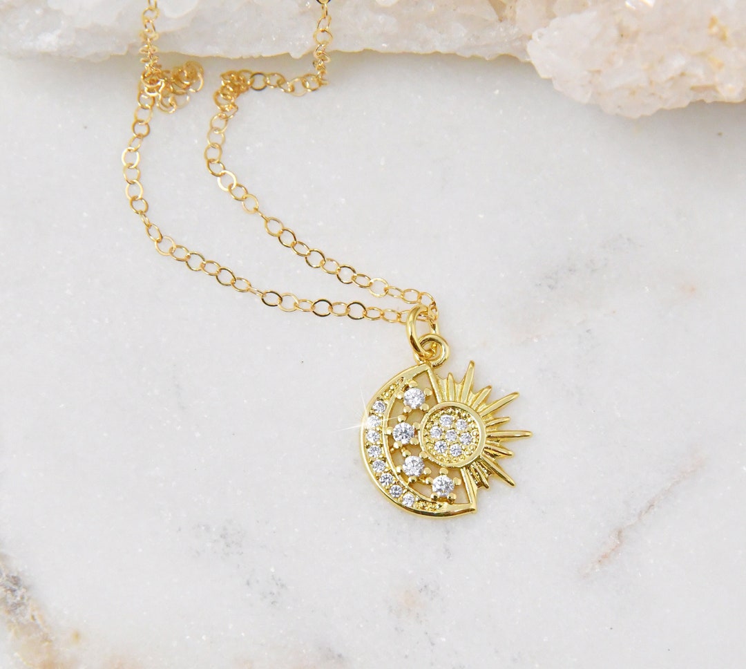 Sun Necklace 14k Gold Filled Chain Sun Moon Stars Cubic - Etsy