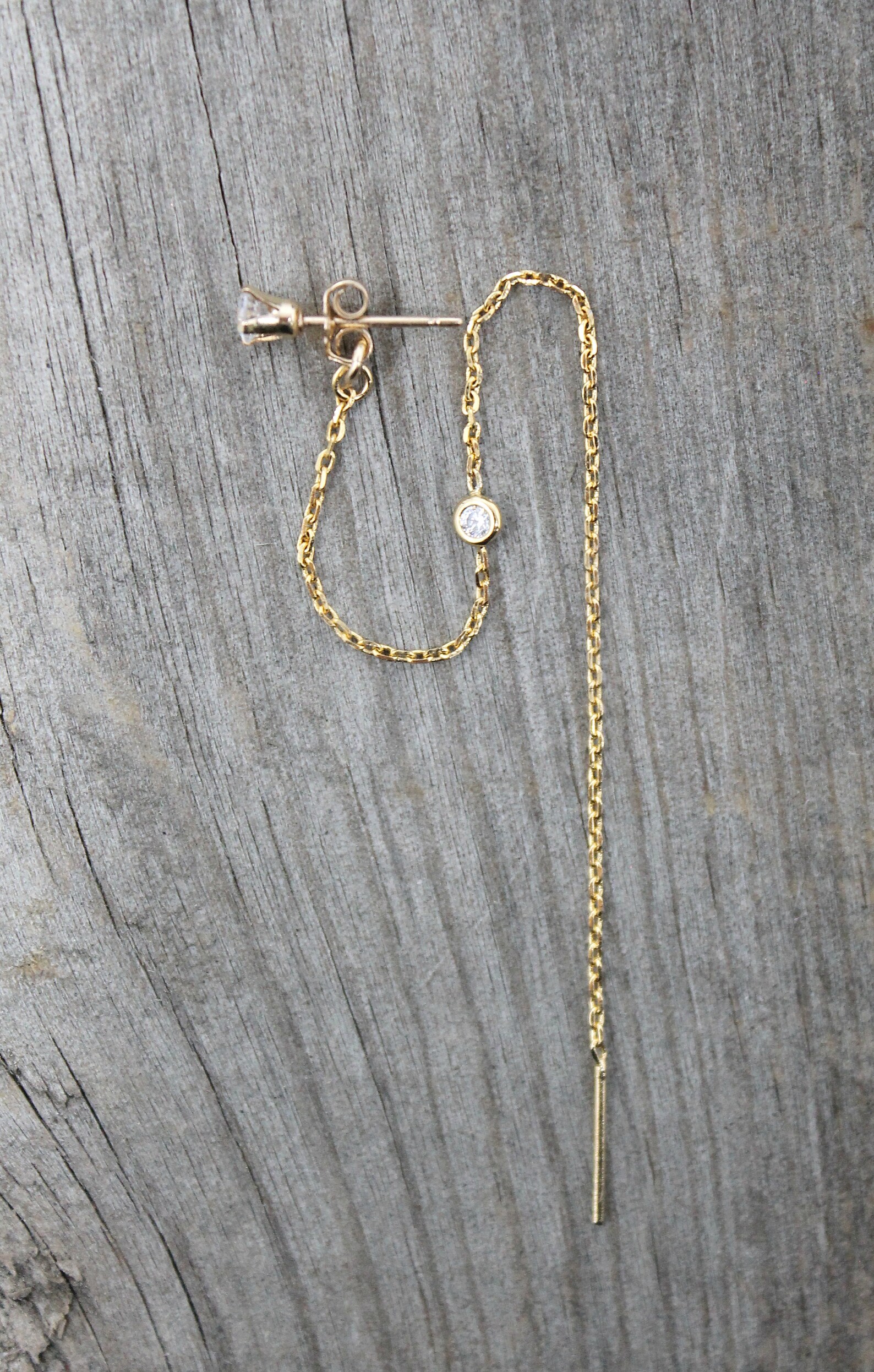 Threader Earrings, 14k Gold Filled Post Stud, Cubic Zirconia Stones, CZ ...