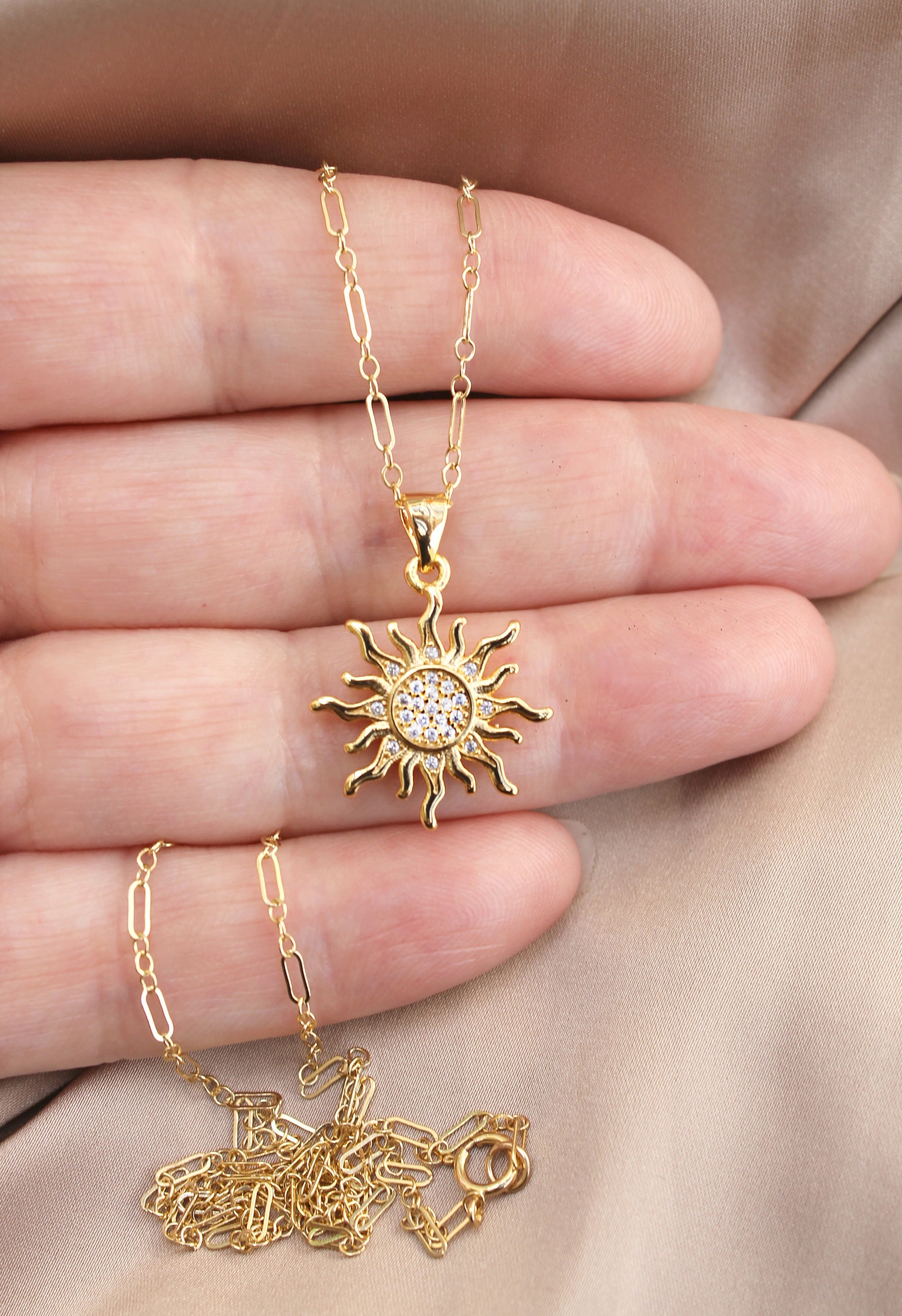 Sun Necklace 14k Gold Filled Chain Celestial Sun Cubic | Etsy