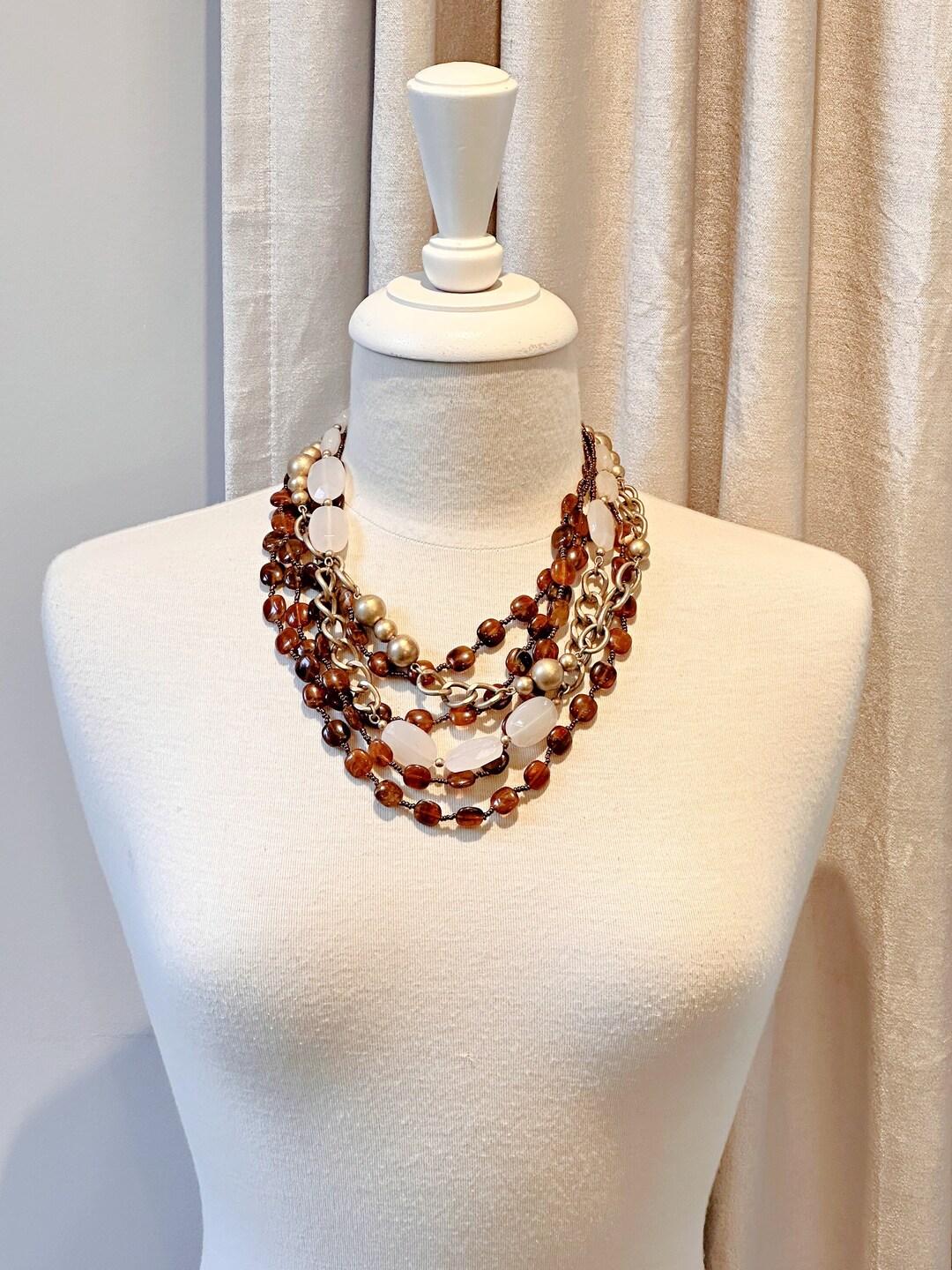 Layered Set of Two Vintage Necklaces, Tortoise Shell Lucite Brown Beads ...