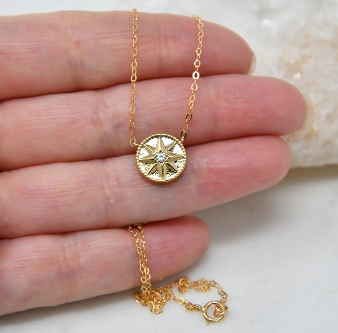 North Star Coin Necklace, 14k Gold Filled Chain, Celestial Starburst ...