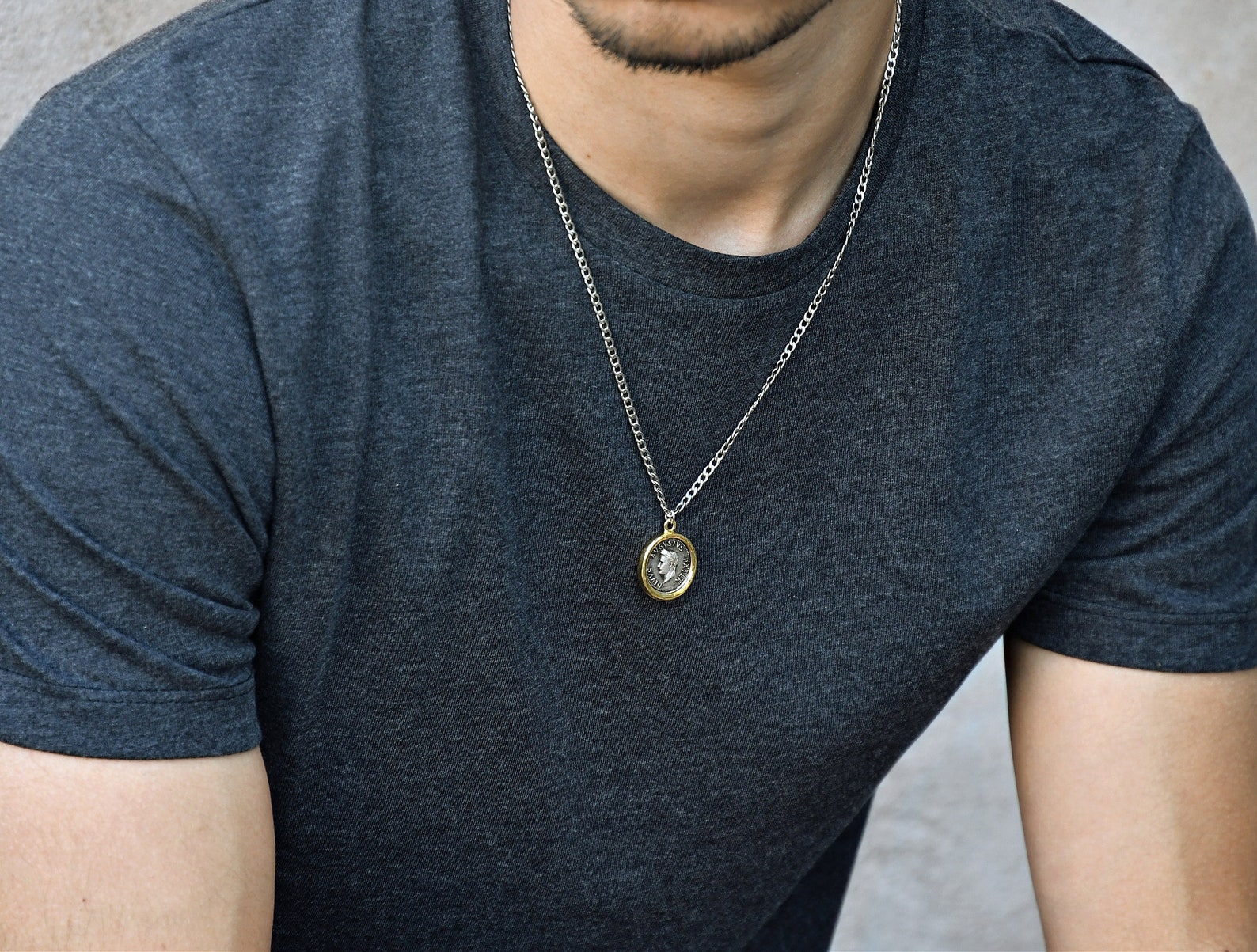 Coin Necklace for Men, Gold & Silver Plated Roman Augustus Pendant ...
