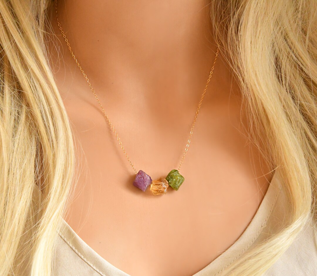 Birthstones Necklace, 14k Gold Filled Chain, Natural Raw Gemstones ...