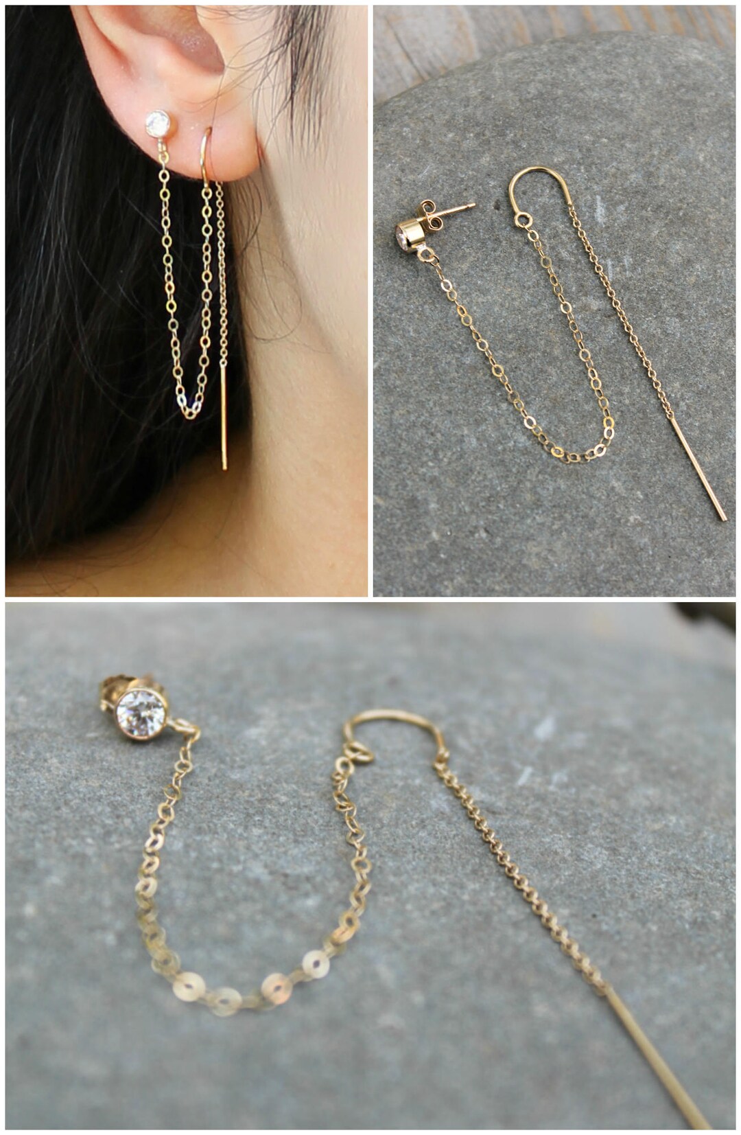 Threader Earrings, 2-piercings Set, 14k Gold Filled, Threaded Thread ...