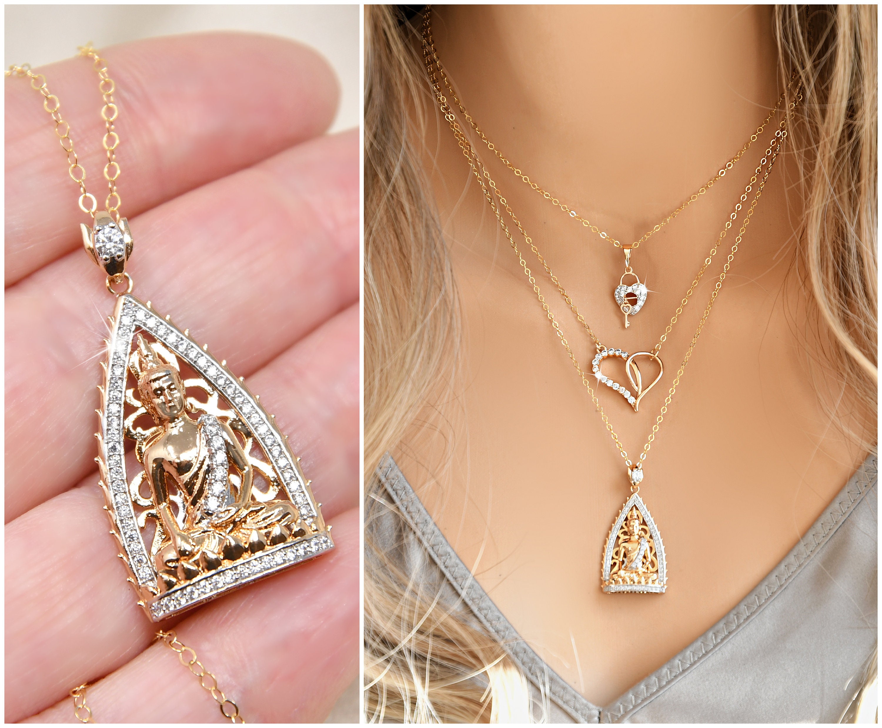 Buddha Necklace, 14K Gold Filled Chain, Cubic Zirconia Diamonds ...