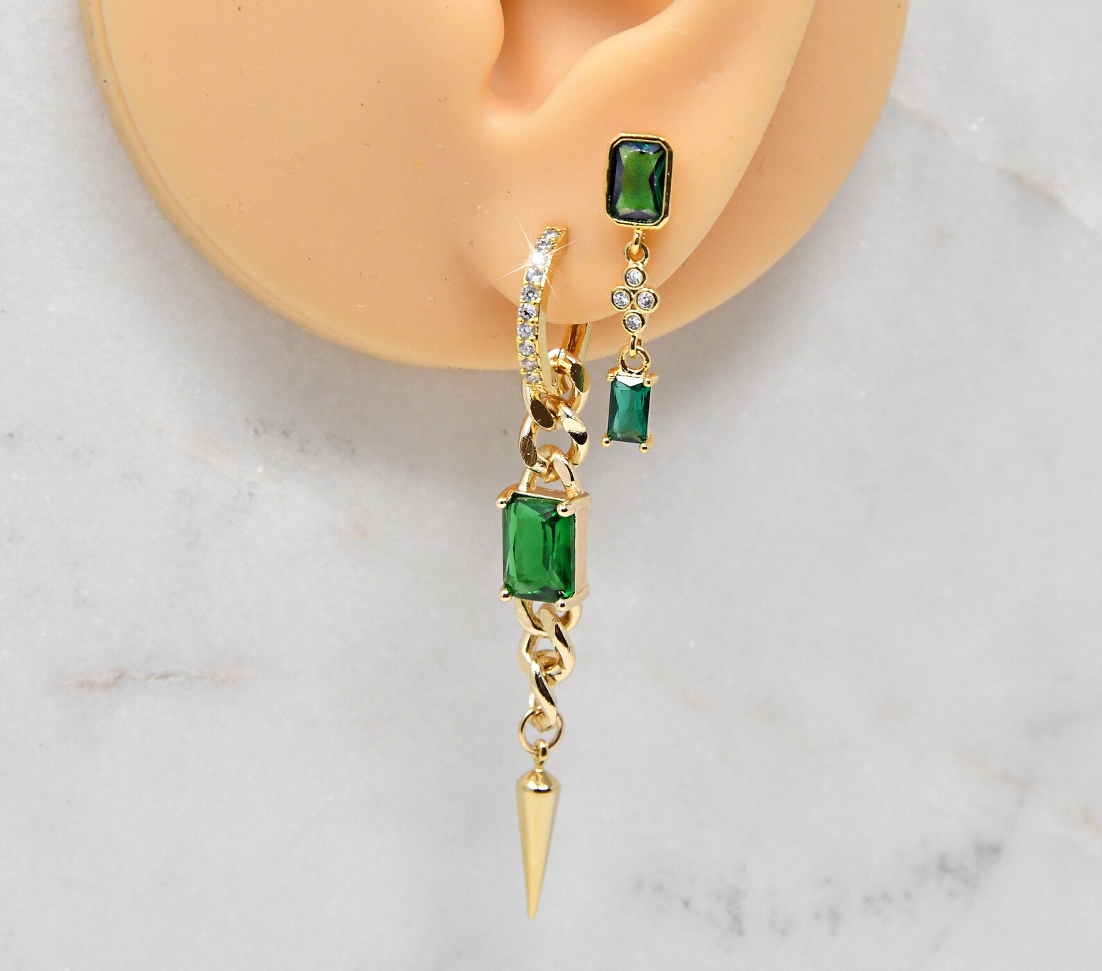 Emerald Green Gold Earrings Emerald Cut Stone Studs & | Etsy