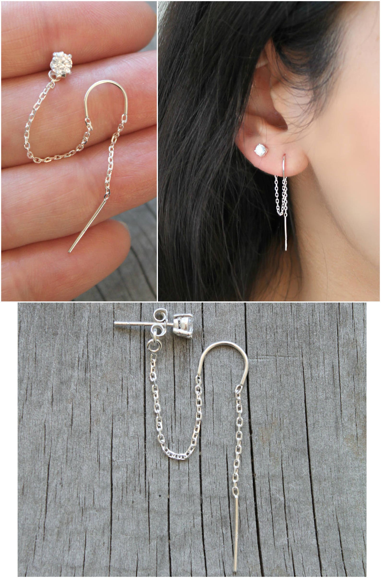 Threader Earrings, 925 Sterling Silver, Threaded Thread, Cubic Zirconia ...