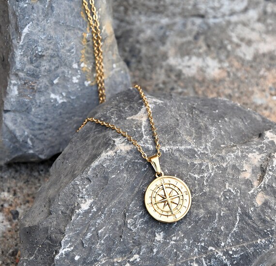 Compass Men Necklace 18k Gold Over Stainless Steel Non - Etsy
