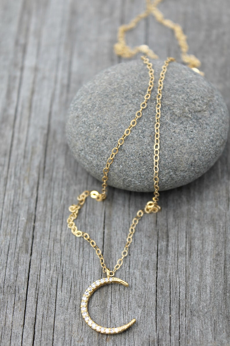 Celestial Gold Moon Necklace, 14k Gold Filled Chain, Cubic Zirconia, Cz ...