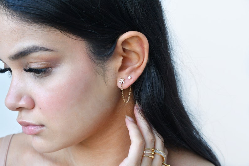 Flower Double-piercings Set Two Connected Earrings 14k Gold | Etsy