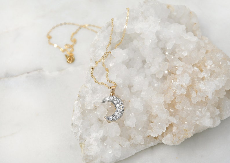 Celestial Gold Moon Necklace 14k Gold Filled Chain Pave | Etsy
