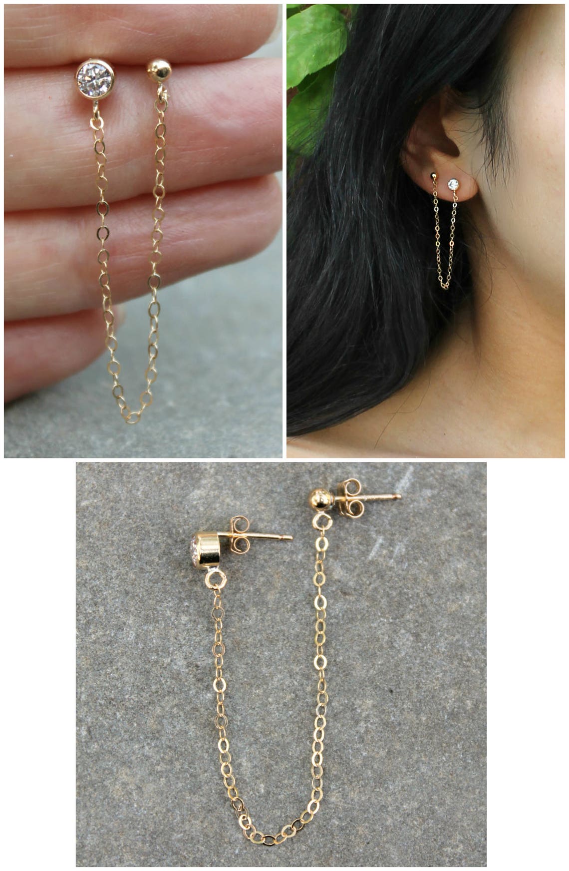 2-piercings, Set of Two Connected Earrings, 14k Gold Filled, Cz Cubic ...