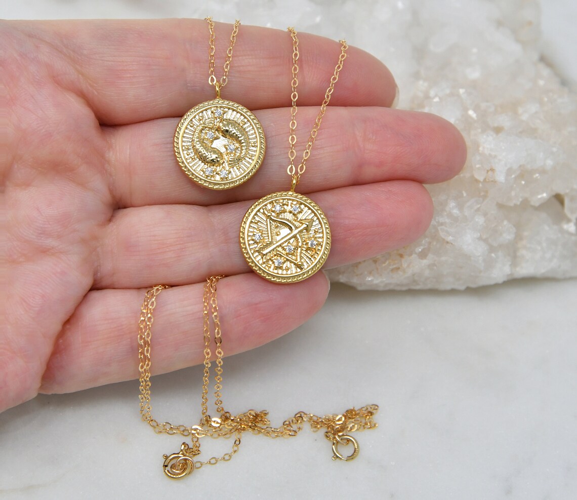 Gold Zodiac Coin Necklace 14k Gold Filled Chain Aquarius | Etsy Canada