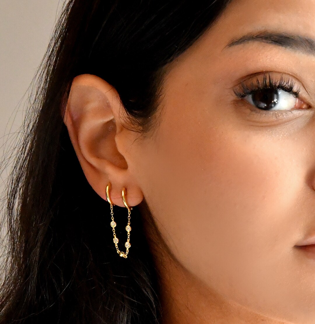 Connected Hoop Earrings, Pair Gold Hoops With Cubic Zirconia Twinkle ...