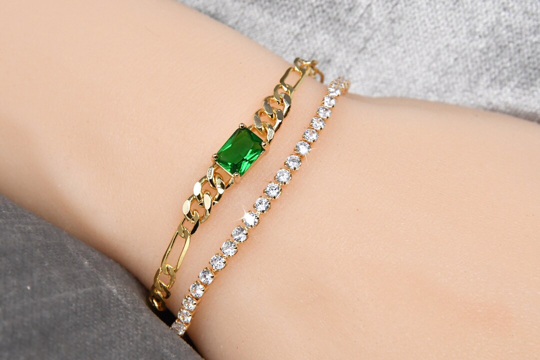 Emerald Green Gold Chain Bracelet, Emerald Cut Stone, Cuban Chain ...