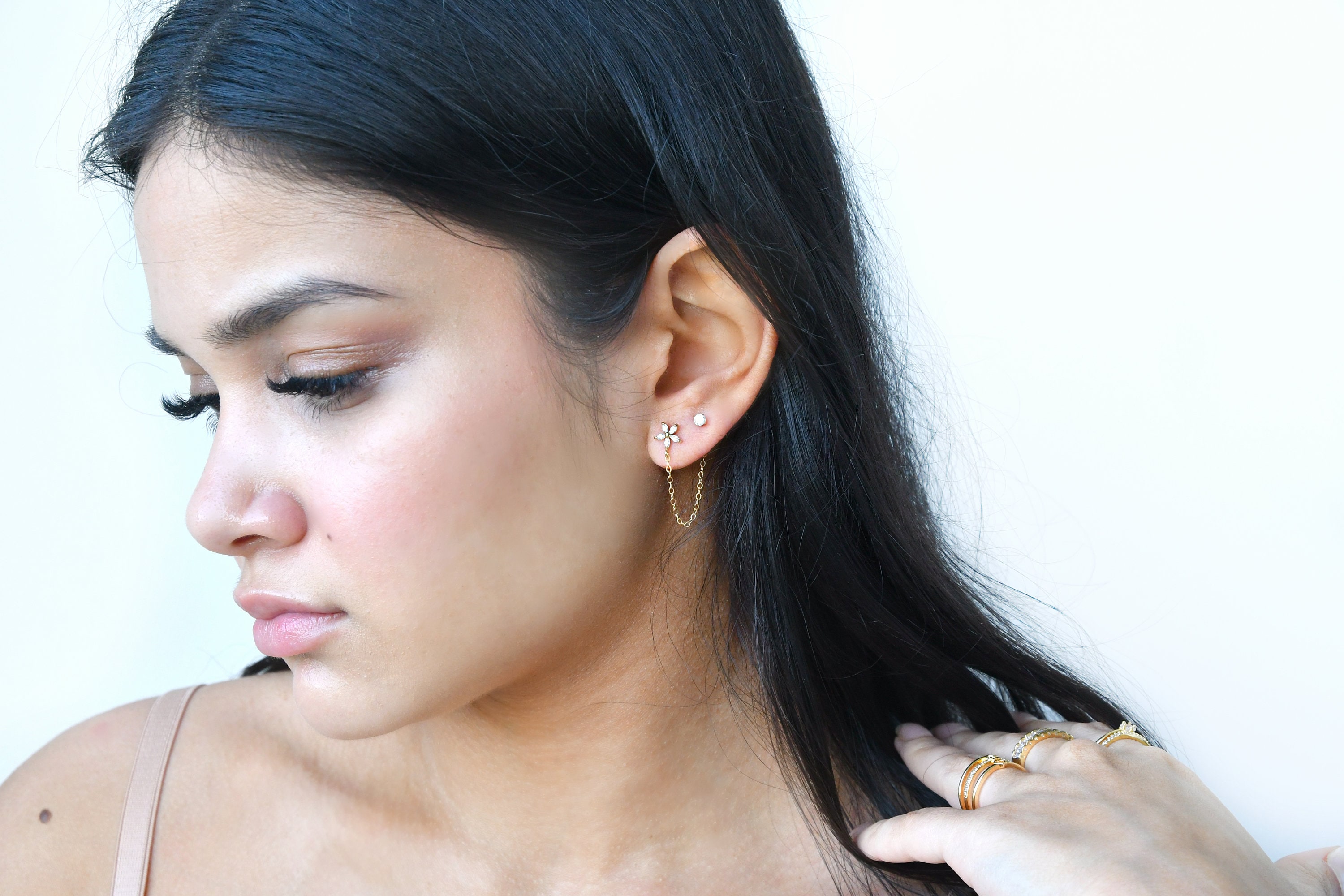 Flower Double-piercings Set Two Connected Earrings 14k Gold - Etsy