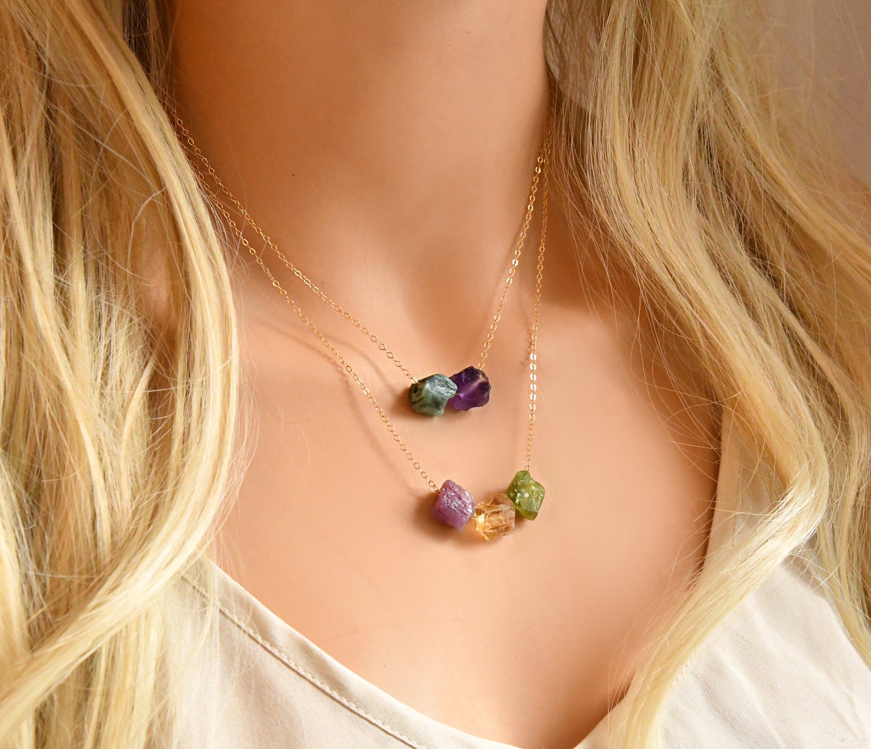 Birthstones Necklace, 14k Gold Filled Chain, Natural Raw Gemstones ...