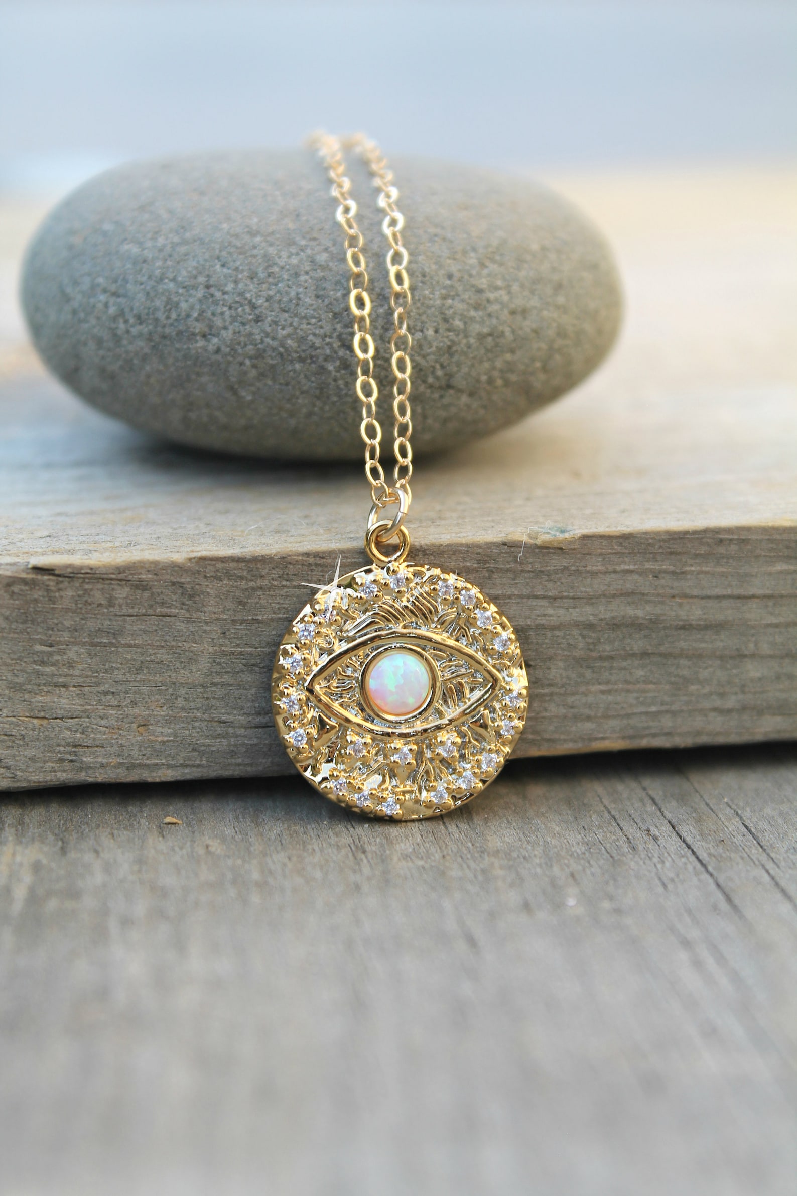 Evil Eye Opal Necklace Eye of Protection Coin Pendant | Etsy