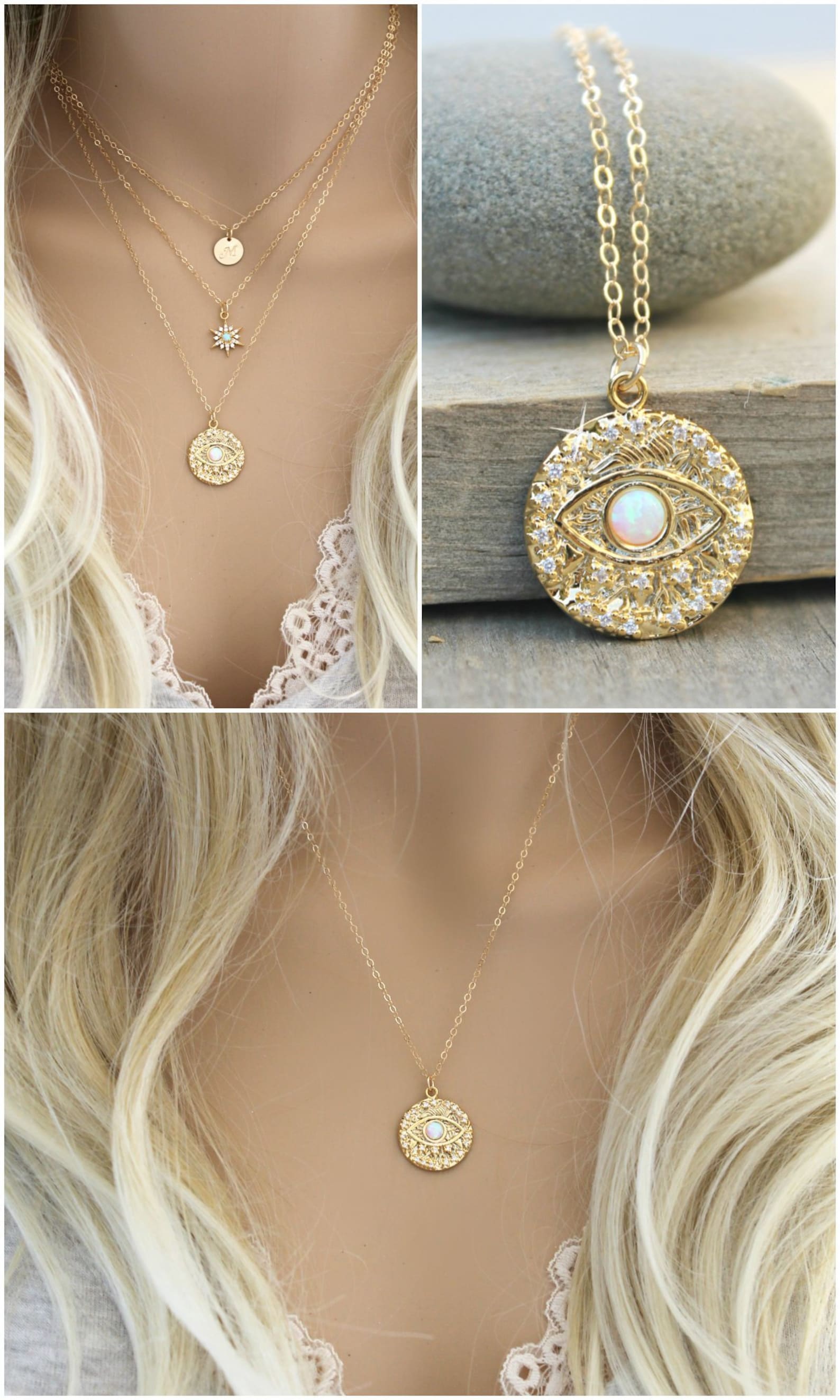 Evil Eye Opal Necklace, Eye of Protection Coin Pendant Medallion, 14K ...