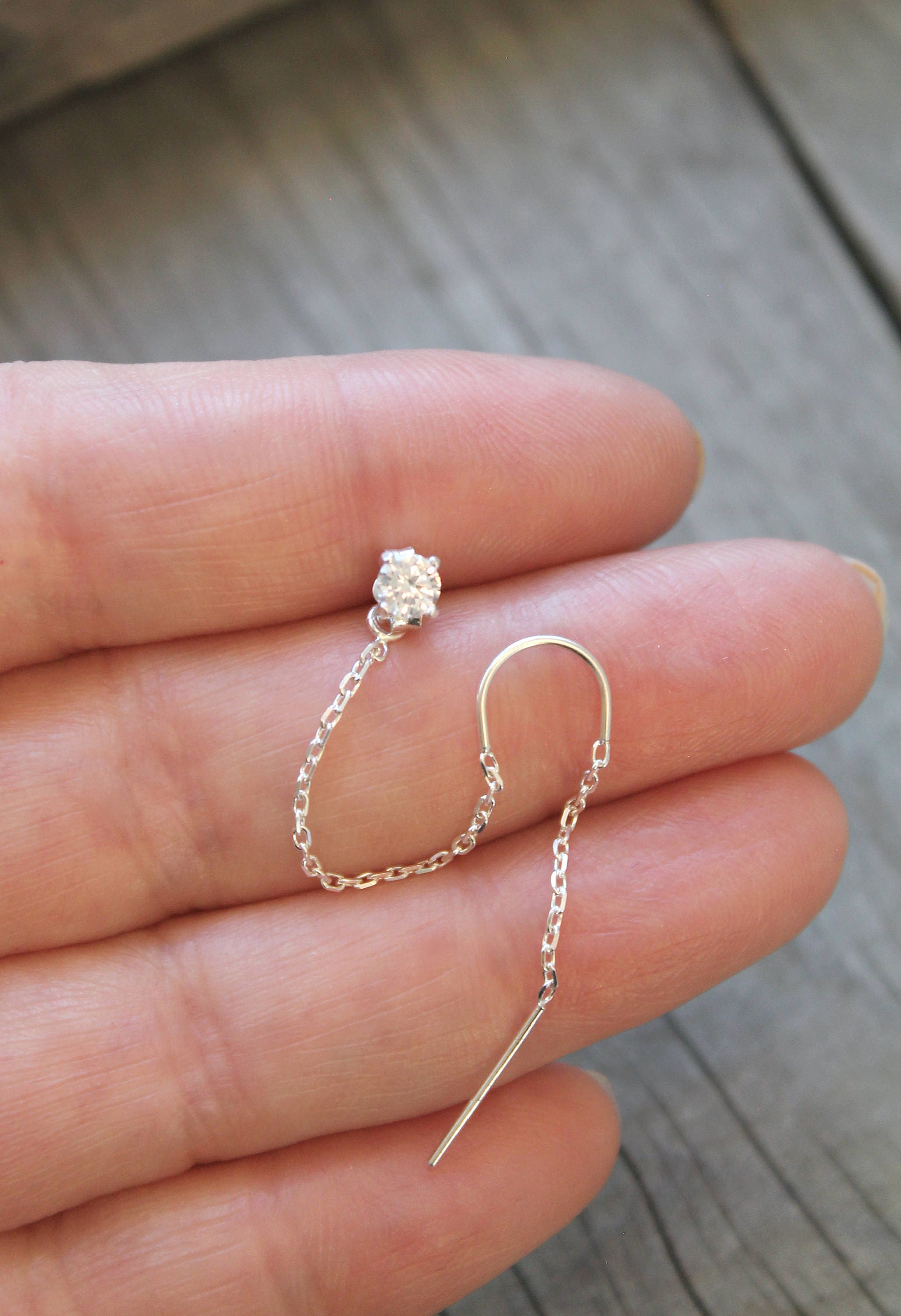 Threader Earrings, 925 Sterling Silver, Threaded Thread, Cubic Zirconia ...