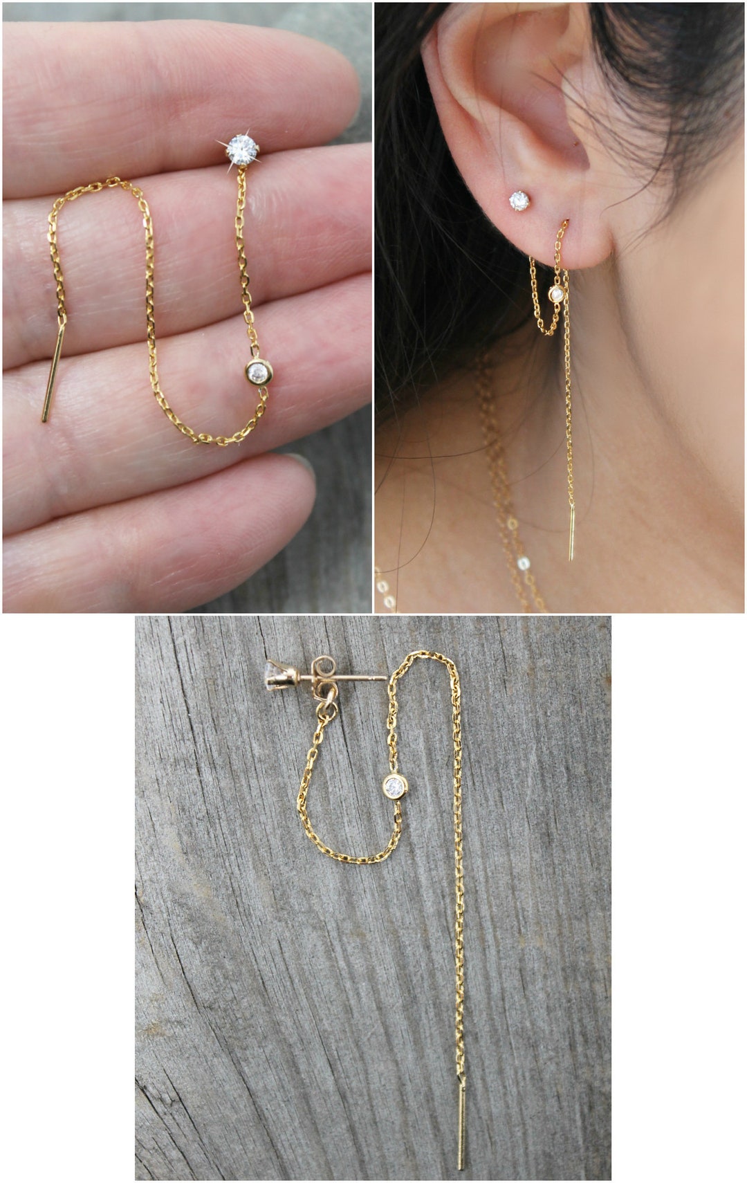 Threader Earrings, 14k Gold Filled Post Stud, Cubic Zirconia Stones, CZ ...