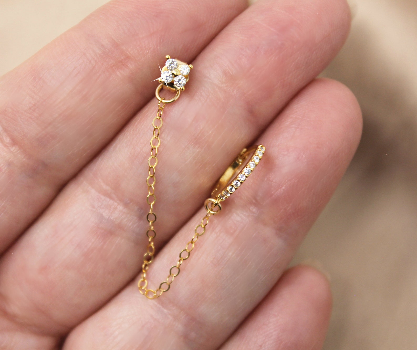 Connected Earrings Gold Huggies Hoop & Cubic Zirconia Flower - Etsy Connected Earrings Gold Huggies Hoop & Cubic Zirconia Flower - Etsy