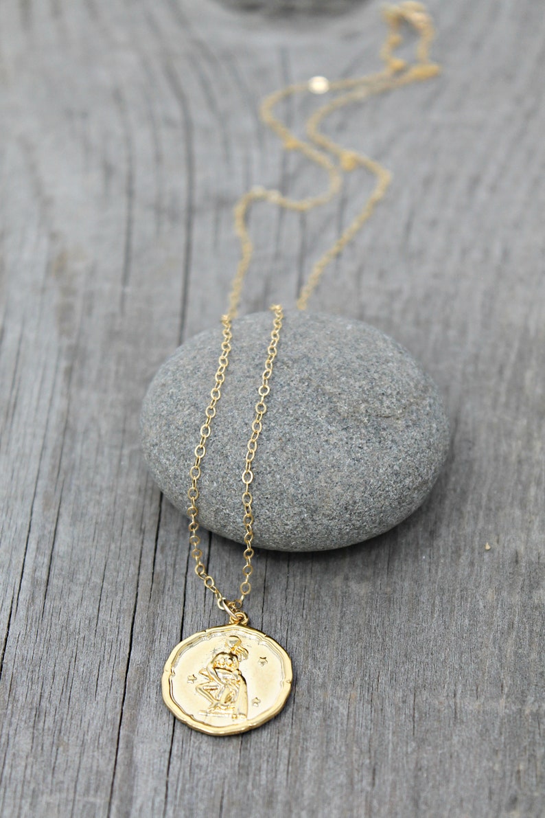 Gold Zodiac Necklace Coin 14k Gold Filled Chain Aquarius - Etsy
