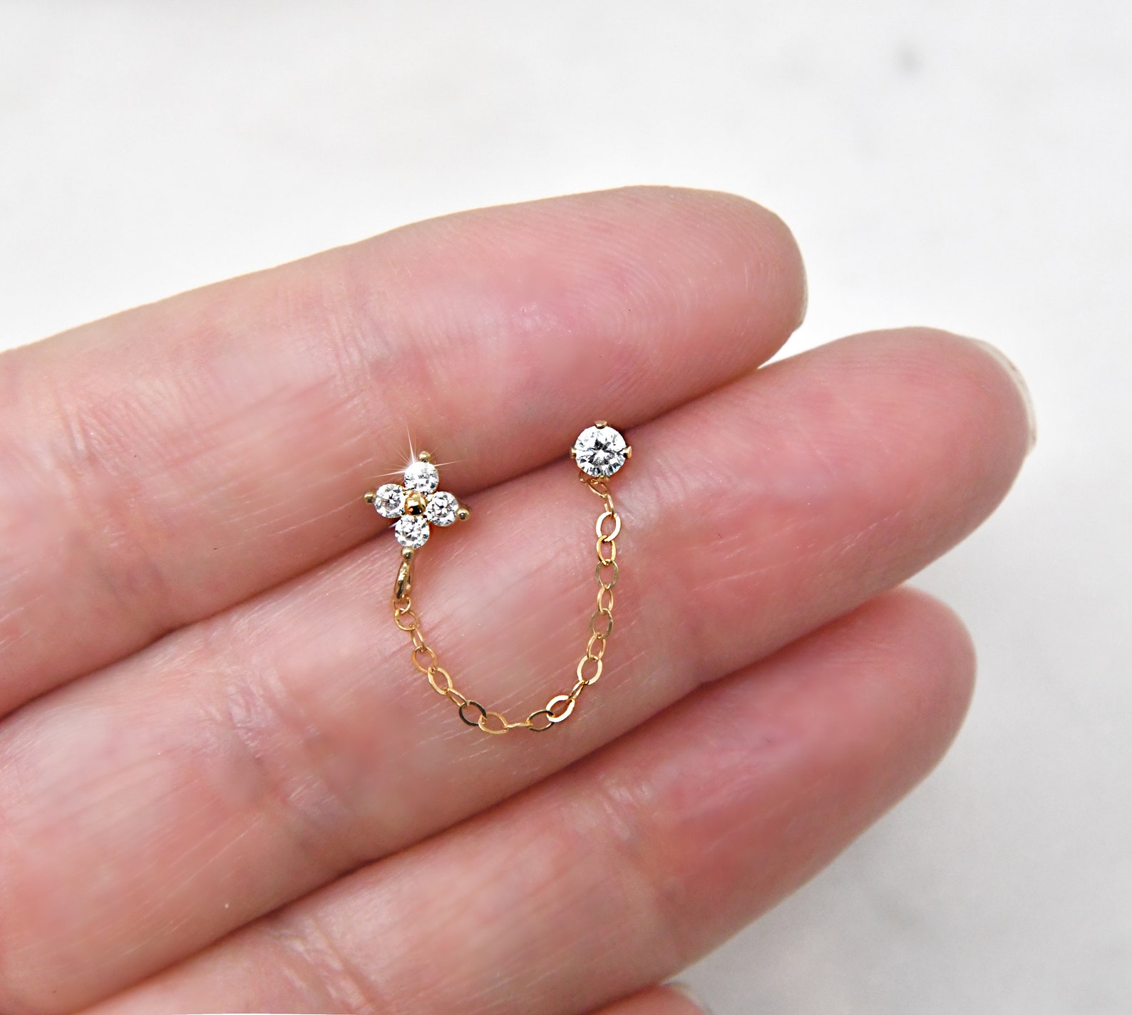 Flower Double-piercings Set, Two Connected Earrings, 14k Gold Filled ...