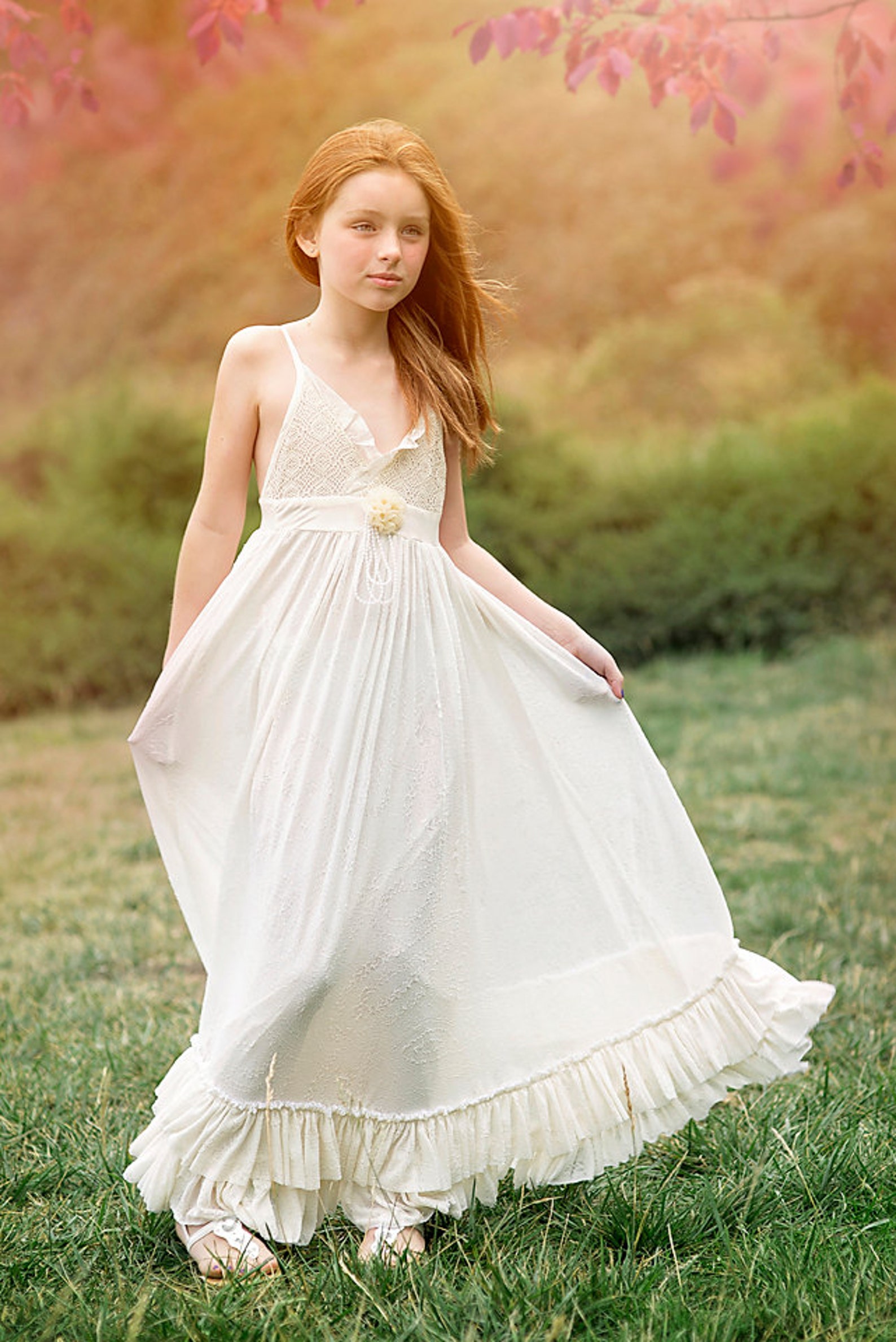 Floor Length Ivory Boho Flower Girl Dressgirls Maxi Dress Etsy