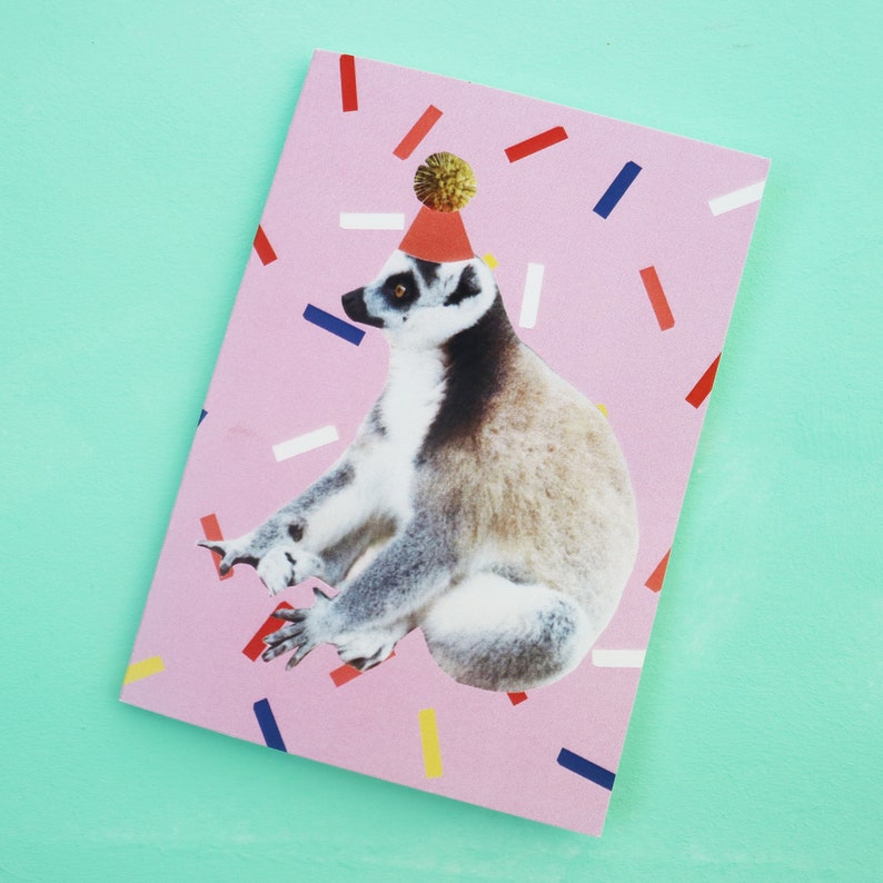 Mini greeting card lemur in a party hat by Chimps Tea Party | Etsy