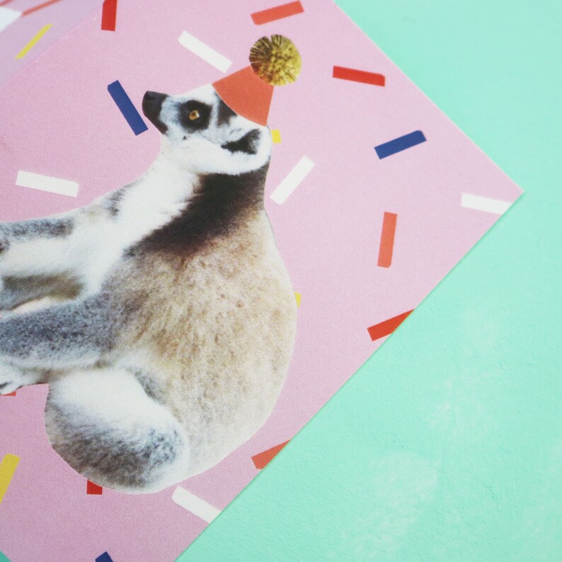 Mini greeting card lemur in a party hat by Chimps Tea Party | Etsy