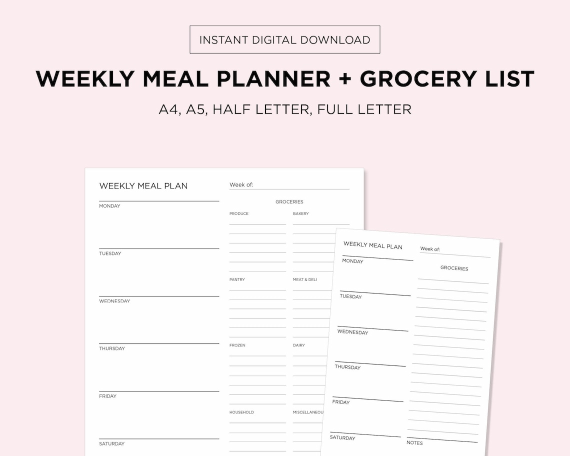 Weekly Meal Planner and Grocery List Digital Download - Etsy