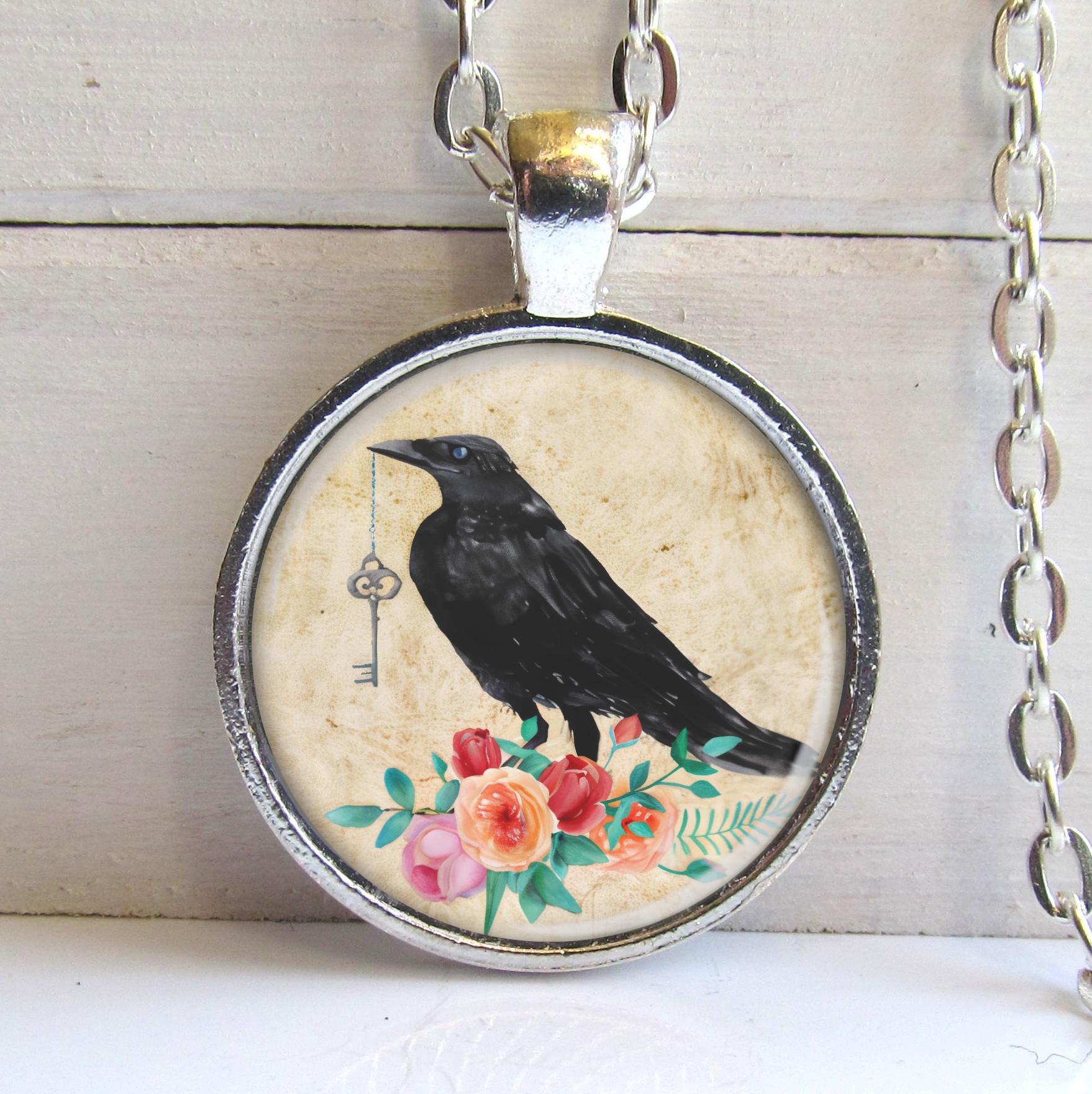 Raven Pendant, Raven With Key, Art Pendant, Raven Necklace, Crow ...