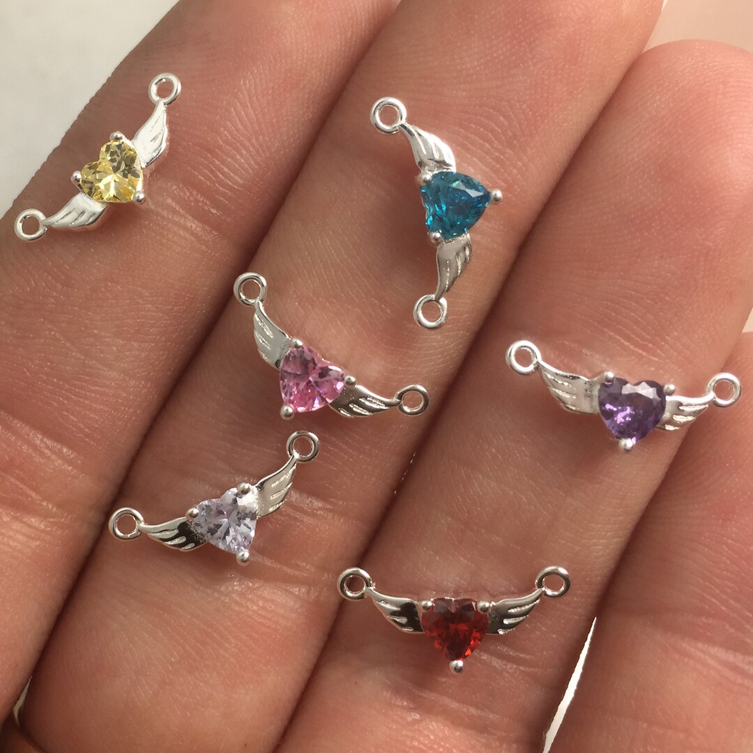 Sterling Silver Angel Wing Connectors With Heart Birthstone-permanent ...