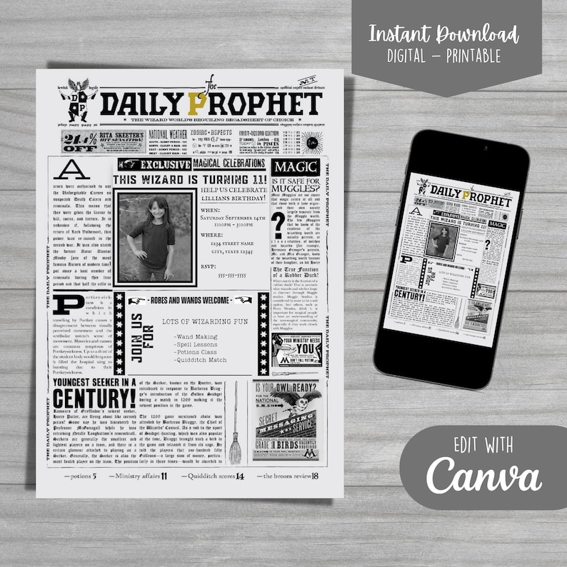 Hogwarts-harry Potter-daily Prophet-birthday Invitation-instant ...