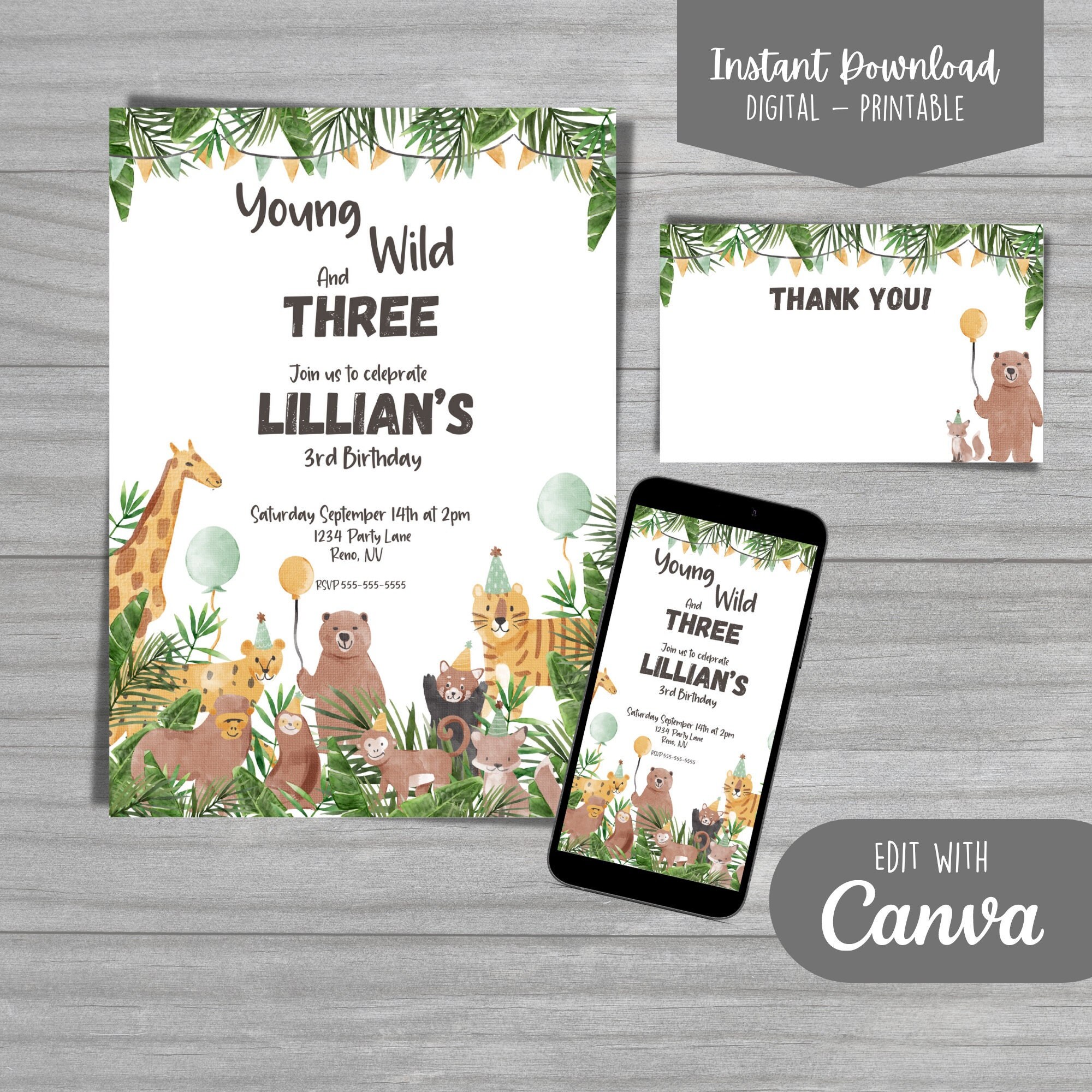 Young Wild and Three Birthday Invitation-instant Download - Etsy