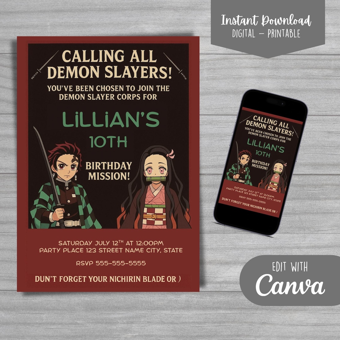 Invitación de cumpleaños de Demon Slayer - Descarga instantánea - Etsy ...