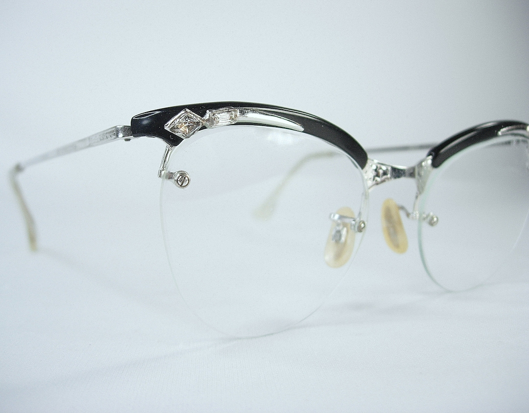 Shuron Jeweled Cat Eye Eyeglass Frames Black Plastic Brows Silver Tone ...