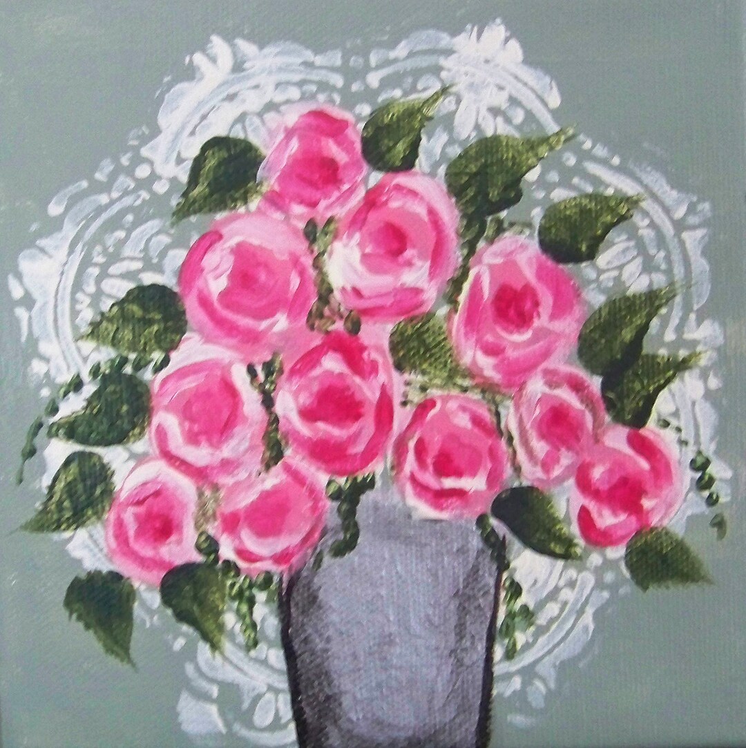 Pink Roses Paintings, Rose Bouquet Painting, Small Paintings, Shabby ...