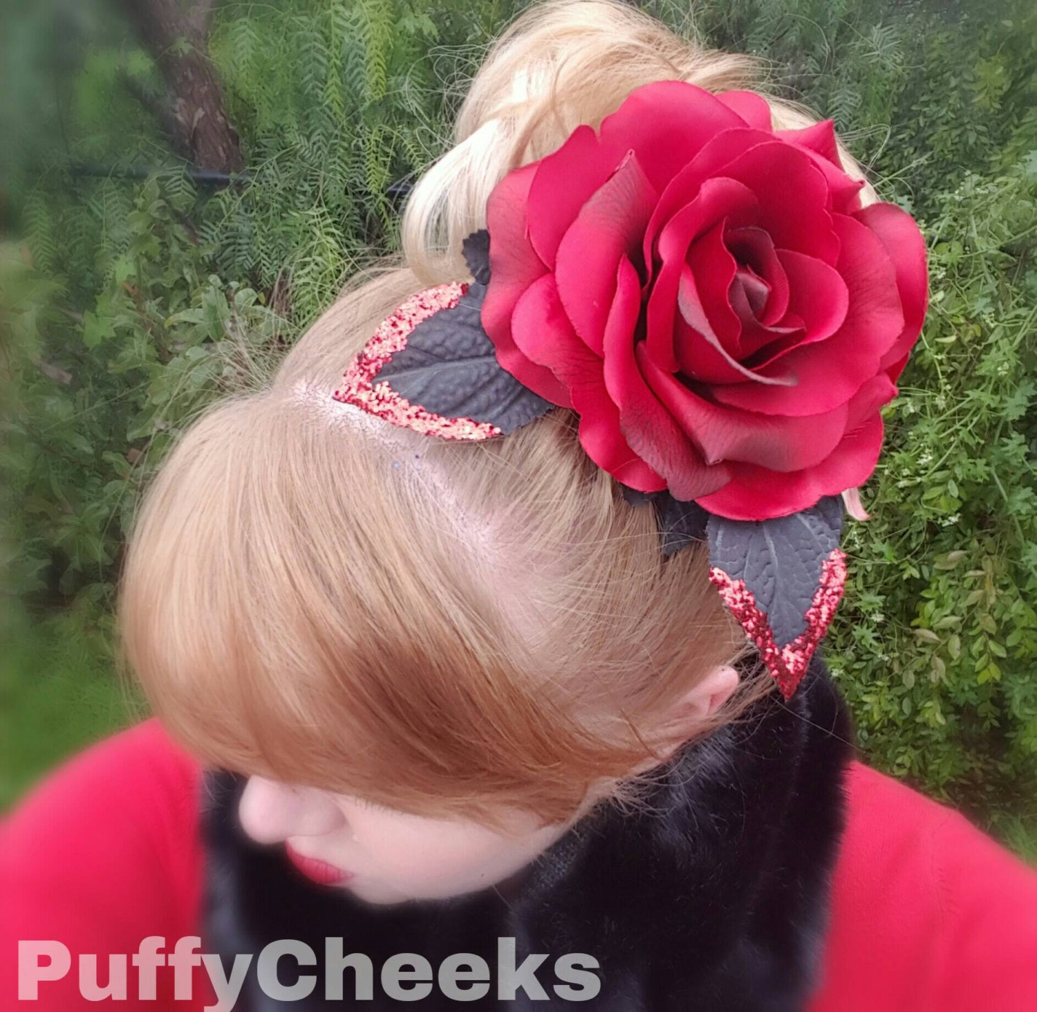 Large Pin Up Style Deep Red Rose Hair Clip with Red Glitter | Etsy