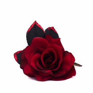 Large Pin up Style Deep Red Rose Hair Clip With Red Glitter Black ...