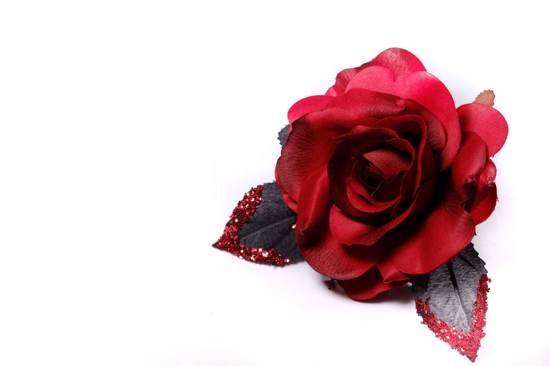 Large Pin up Style Deep Red Rose Hair Clip With Red Glitter Black ...