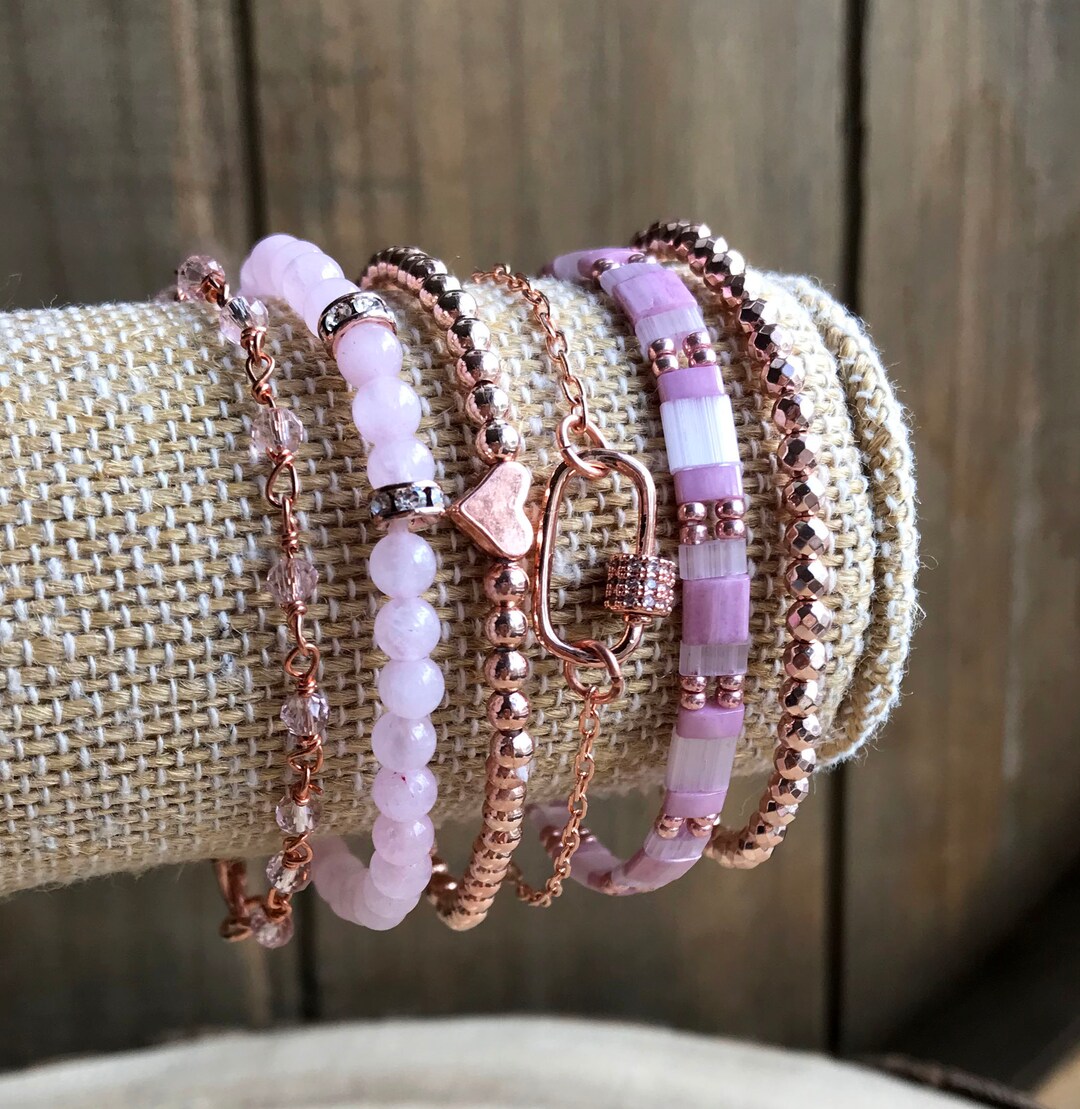 Pink and Rose Gold Stretch Bracelet Stack, Rose Quartz Minimalist ...