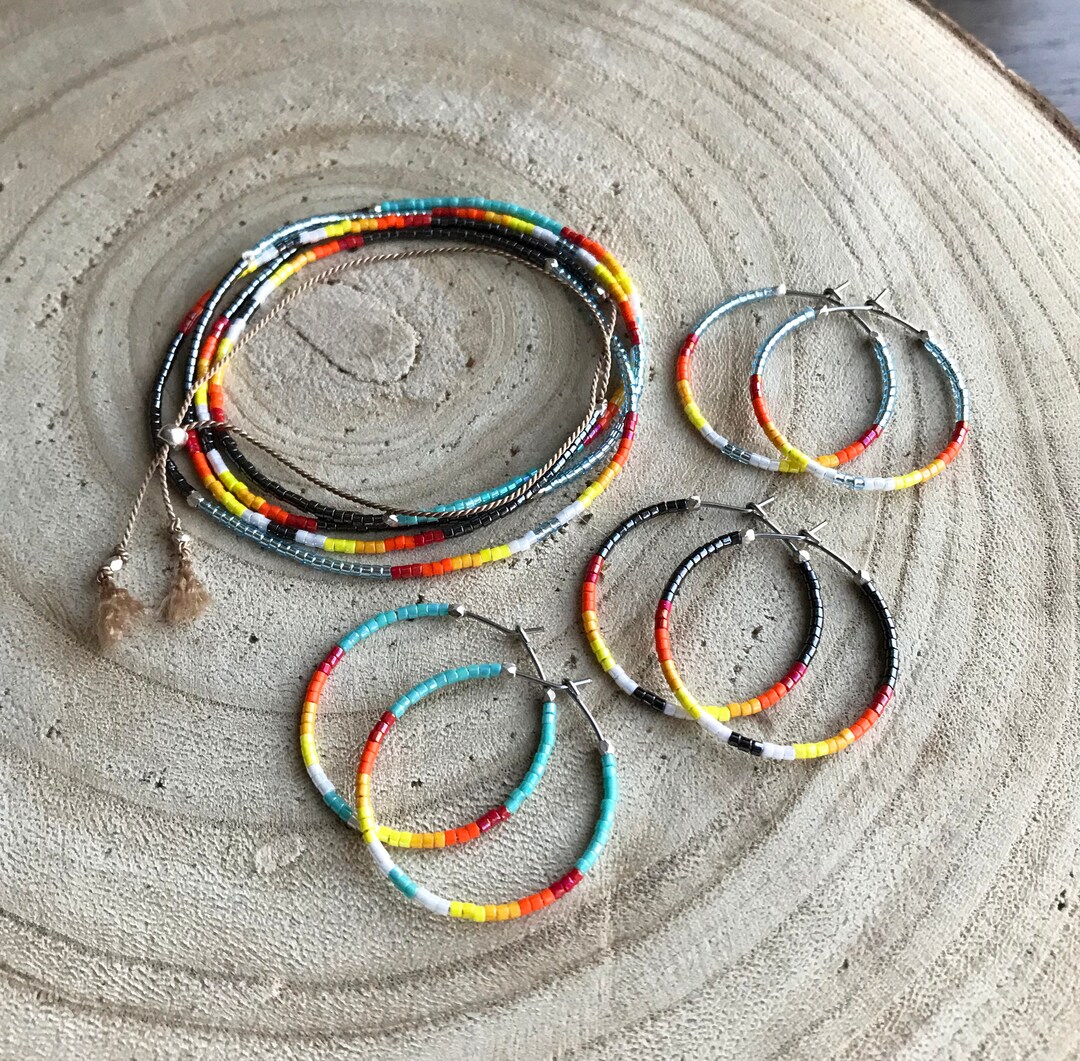 Colorful Fire Pattern Seed Bead Hoop Earrings, Sundance Style Native ...
