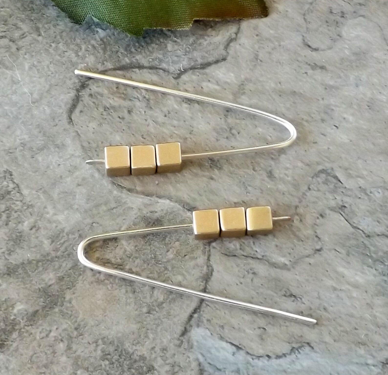 Gold Cube Earrings: Geometric Minimalist Earrings, Mixed Metal Jewelry ...