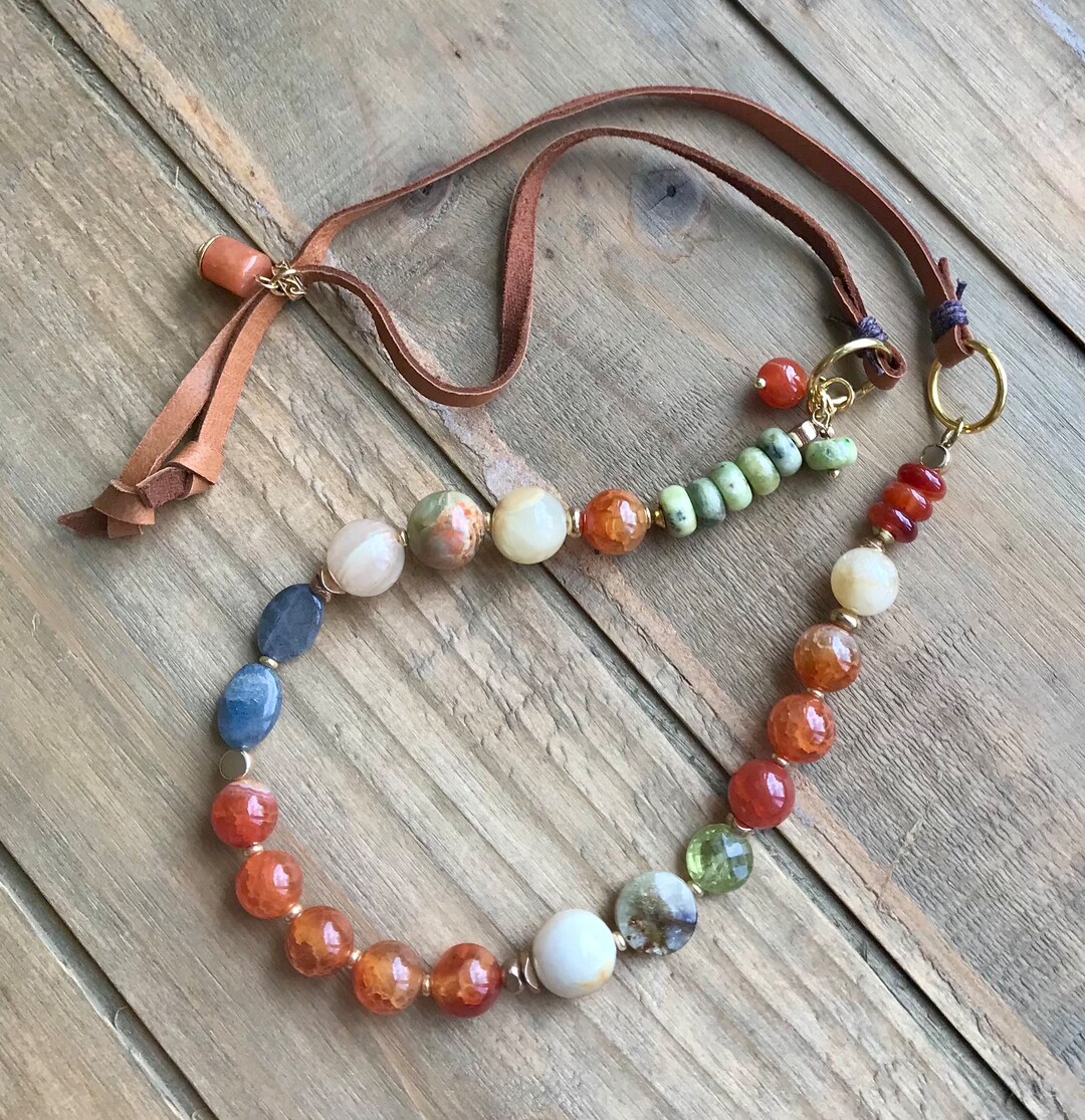 Gemstone Leather Necklace, Fall Colors Beaded Long Necklace, Adjustable ...