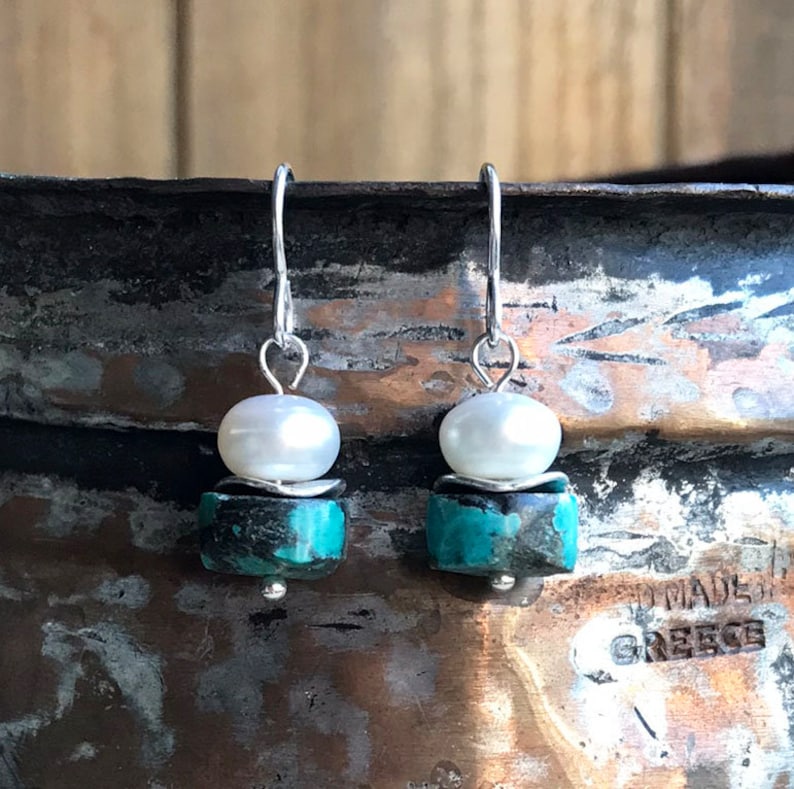 Turquoise Silver Dangle Earrings Pearl Minimalist Sundance - Etsy