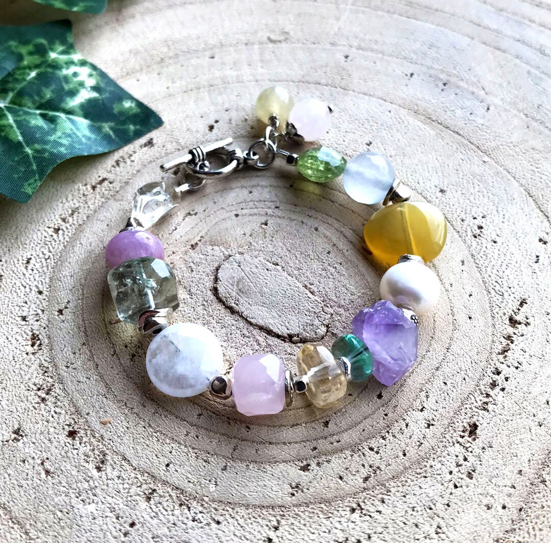 Multi Gemstone Silver Bracelet, Pastel Stacking Sundance Style Bracelet ...